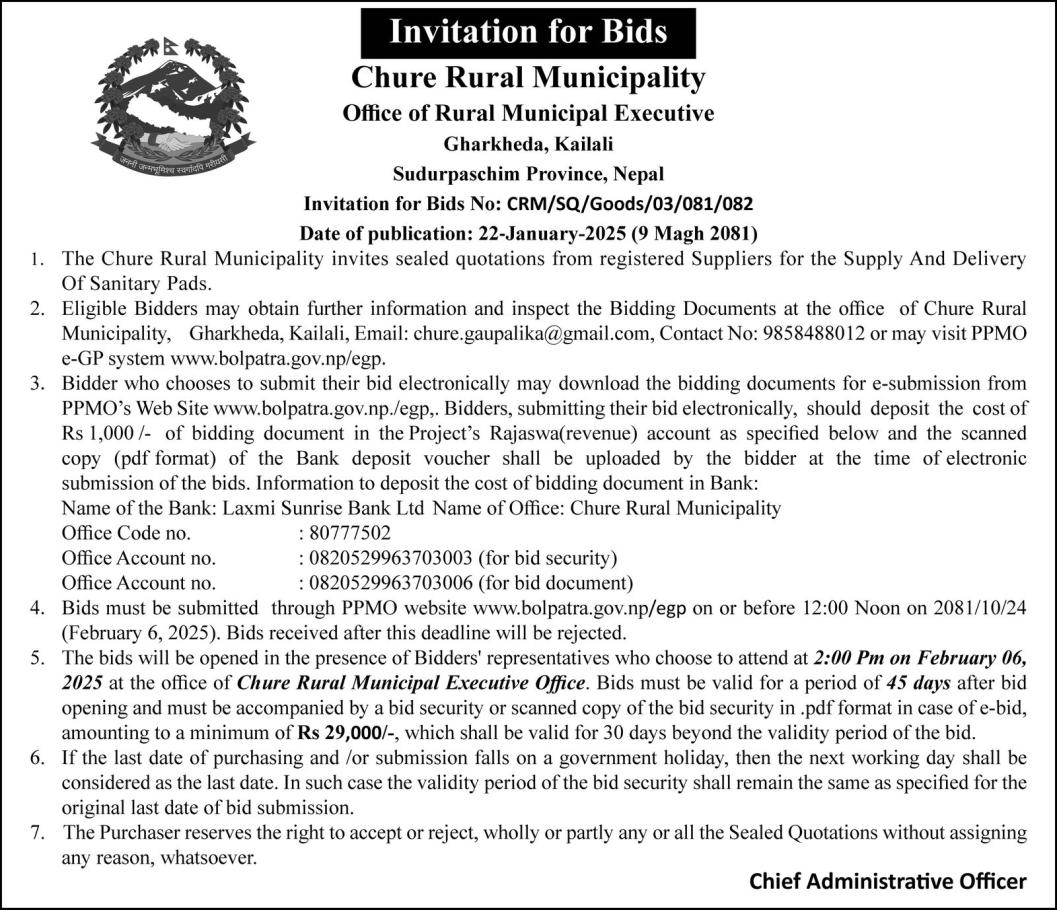Invitation for bids CRM/SQ/Goods/03/081/082 (Supply and Delivery Of Sanitary Pads) | चुरे गाउँपालिका
